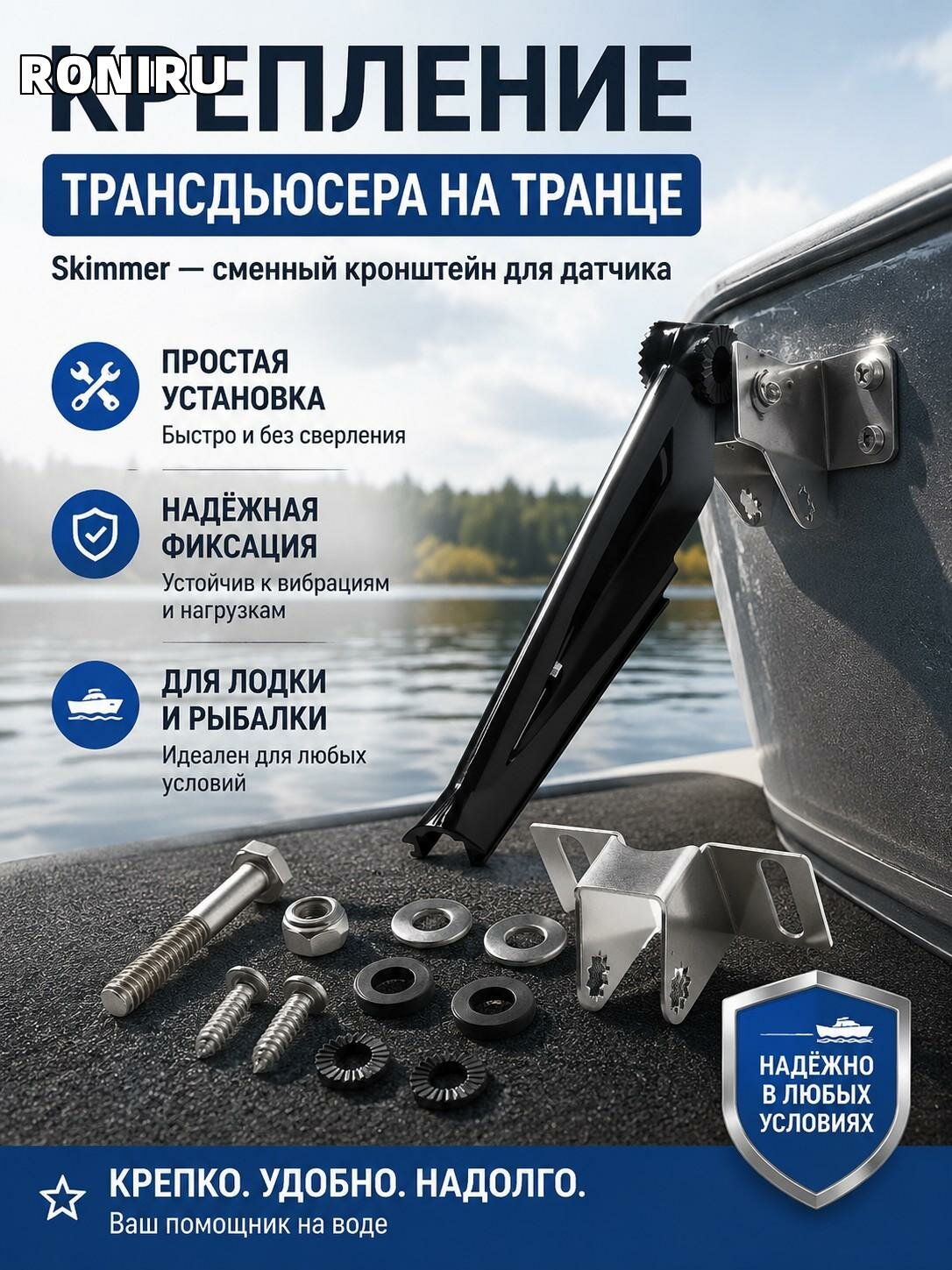 Крепление трансдьюсера на транце Skimmer — сменный кронштейн для датчика, простая установка для лодки и рыбалки
