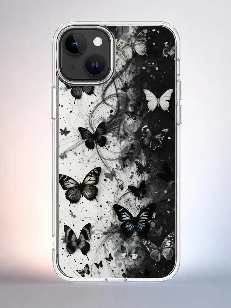 Чехол iPhone 14 бабочки чб силиконовый прозрачный