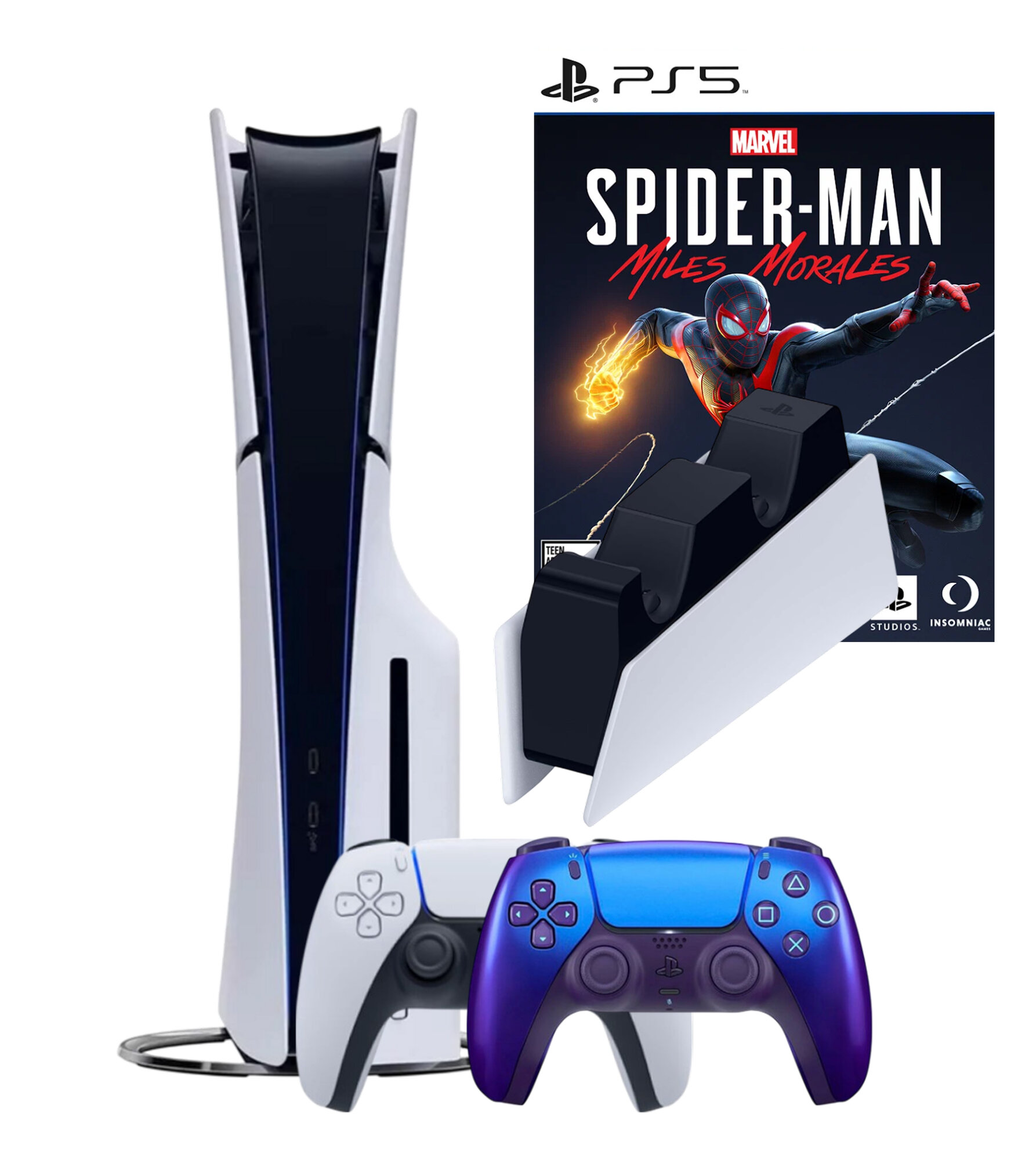 Игровая приставка PlayStation 5 Slim + 2й геймпад синий хром + игра Spider Man Morales + станция зарядки