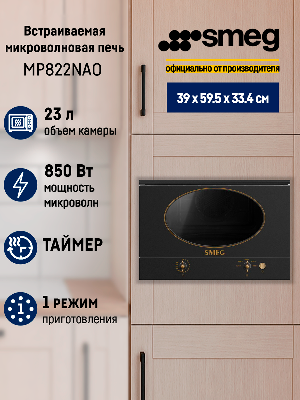 Микроволновая печь Smeg MP822NAO, встраиваемая, антрацитная, винтажная