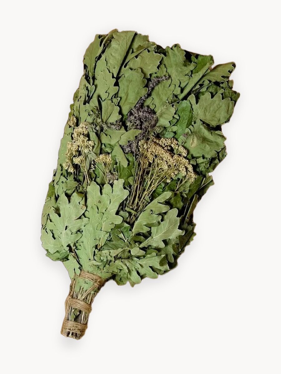 Веник для бани дубовый с букетом трав, в индивидуальной упаковке