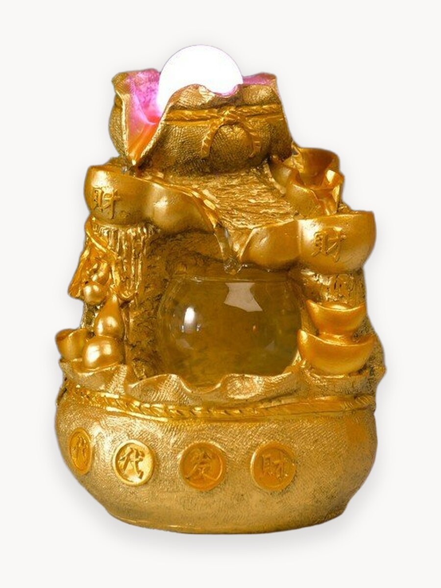 Фонтан настольный от сети, подсветка "Мешок с золотыми слитками" золото 21х15х12 см
