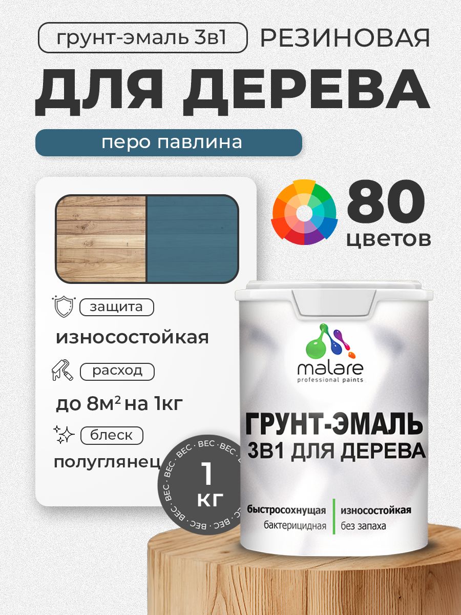 Резиновая Грунт-Эмаль 3 в 1 Malare для деревянных поверхностей/ краска по дереву с антисептическим эффектом/ быстросохнущая моющаяся без запаха полуглянцевая, перо павлина, 1 кг