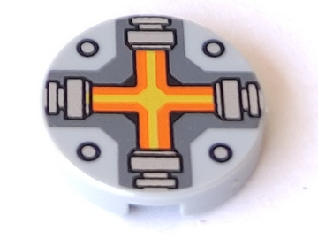 Tile, Round 2 x 2 with Bottom Stud Holder with Orange and Yellow Cross Pattern, 14769pb087 Light Bluish Gray U