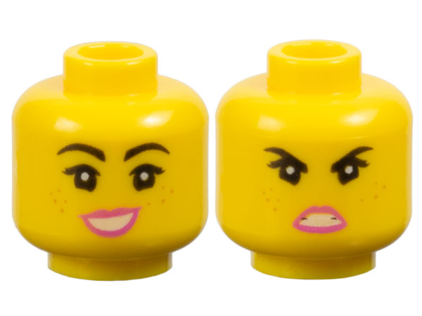 Minifigure, Head Dual Sided Female Black Eyebrows, Eyelashes, Freckles, Dark Pink Lips, Lopsided Open Mouth Smile Large with Teeth / Angry Pattern, 3626pb2263 Yellow U