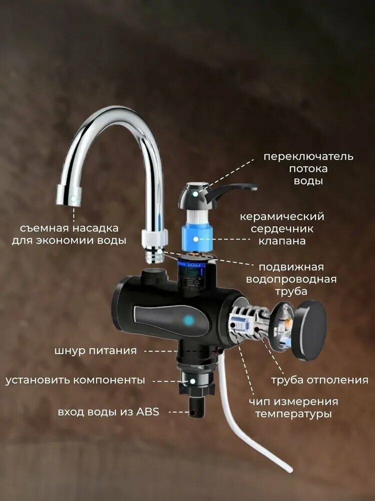 Проточный водонагреватель-кран, 3 кВт, LED, IP65, поворотный