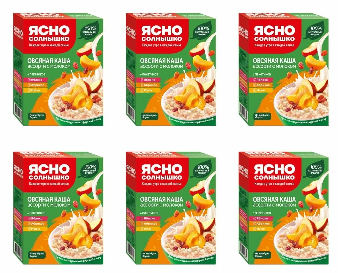 Ясно солнышко Каша овсяная Ассорти с молоком, №10, 6 шт х 45 г, 270 г, 6 уп в коробке