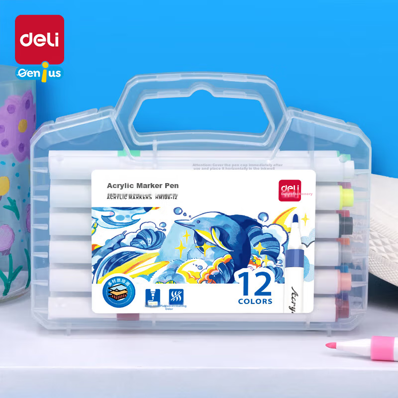 Deli 12 Colors Acrylic Marker Pen Children's Art Painting Color Pen Drawing Pen Boys and Girls Toy Birthday Gift HM108-12