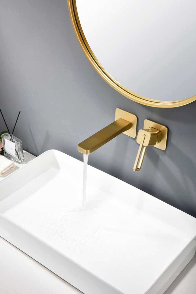 Настенный смеситель для раковины скрытого монтажа Ganzer на 2 отверстия из латуни GZ12144-S матовое золото