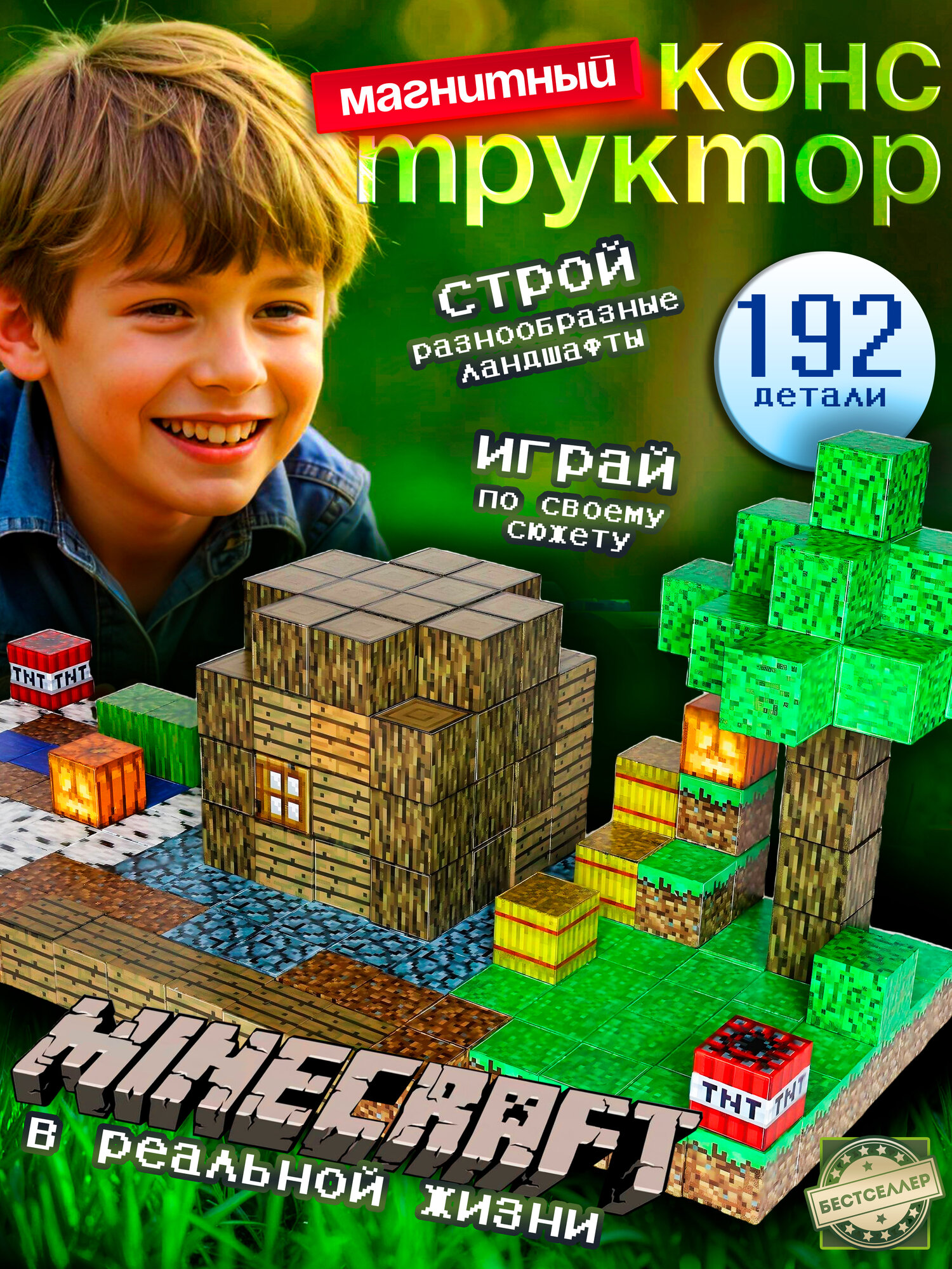 Магнитный конструктор Minecraft, 192 детали, для малышей, зелёный цвет