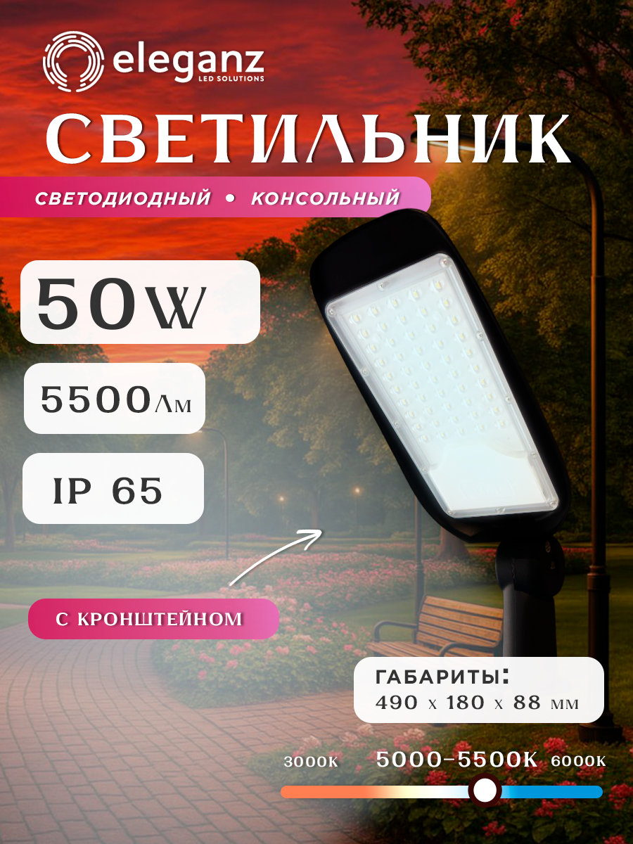 Прожектор светодиодный консольный Eleganz 50W, 5500Лм, 5000-5500К, IP65, 1 шт.