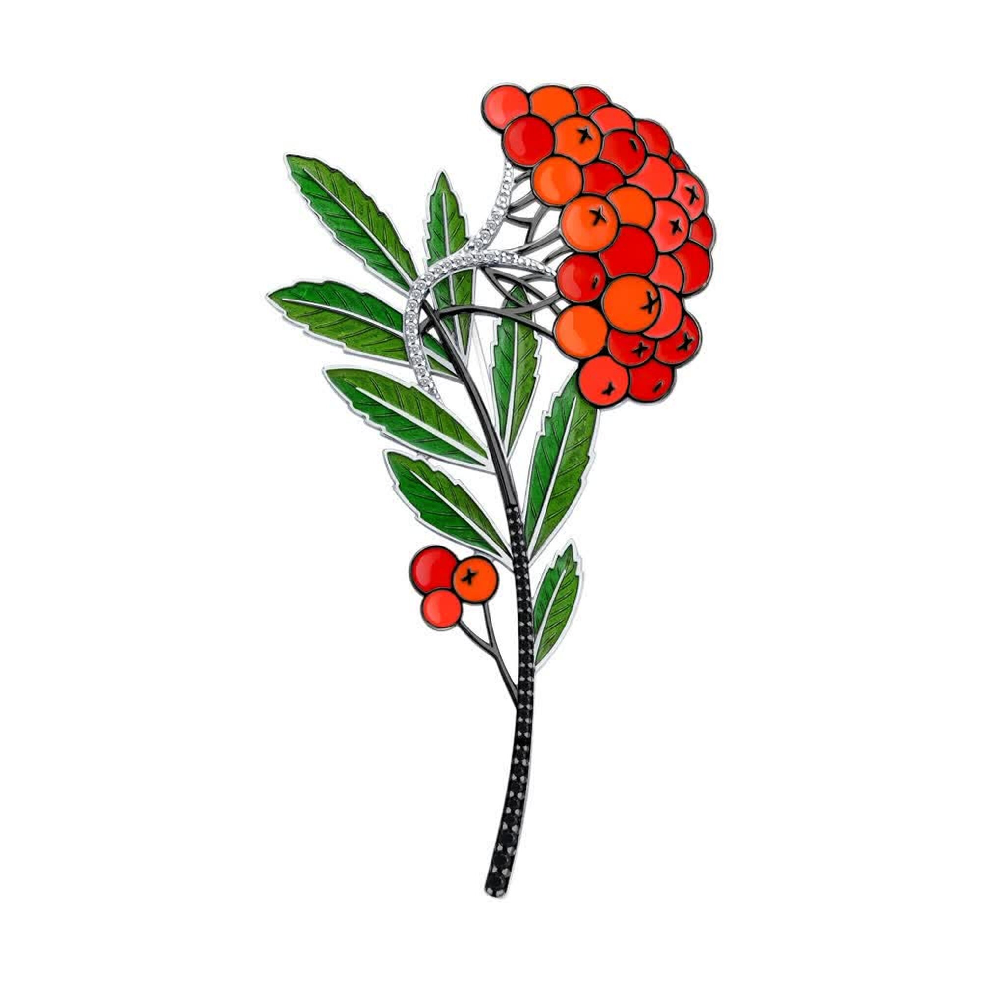 Брошь, серебро, 925 проба, родирование, эмаль, фианит