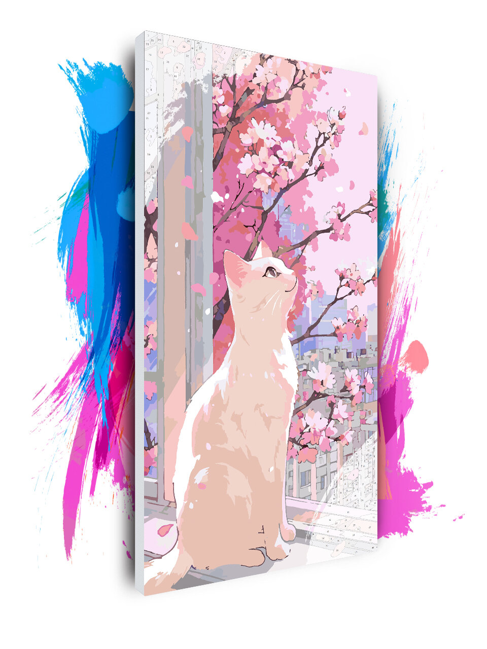 Картина по номерам на холсте Котик у окна - цветение сакуры, 30 х 60 см