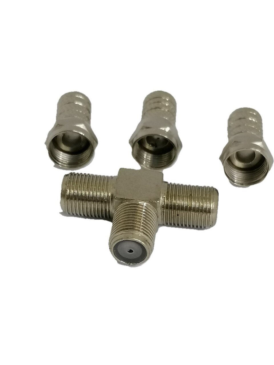 Переход (тройник) F -соединитель "гн"-2хF "гн", металл, набор (тройник-1 шт, гайка-3 шт)