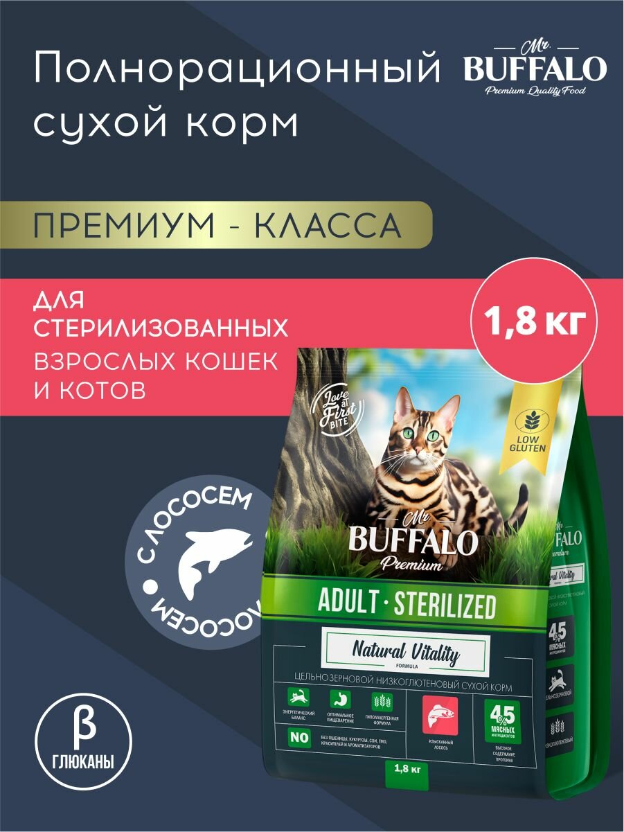 Сухой корм Баффало Mr.Buffalo Sterilized для стерилизованных кошек с Лососем 1,8 кг