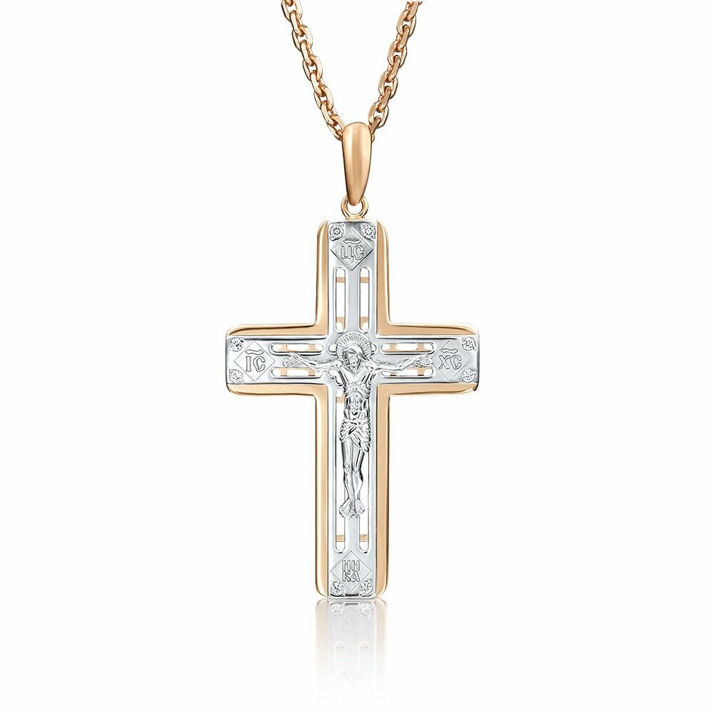 Крестик, комбинированное золото, 585 проба, родирование, фианит