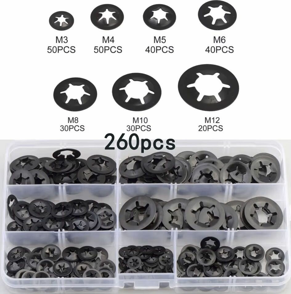 260шт Зубчатые стопорные шайбы стопорные шайбы starlock M3-M12
