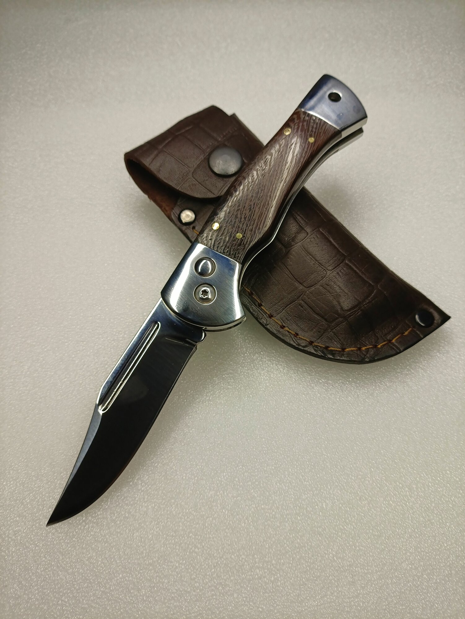 Нож выкидной автоматический с кнопкой Слон сталь 65x13 длина 20см ручная работа ножны натуральная кожа в комплекте