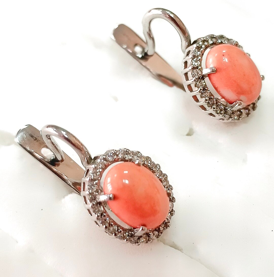 Серьги, серебро, 925 проба, родирование, коралл синтетический, фианит
