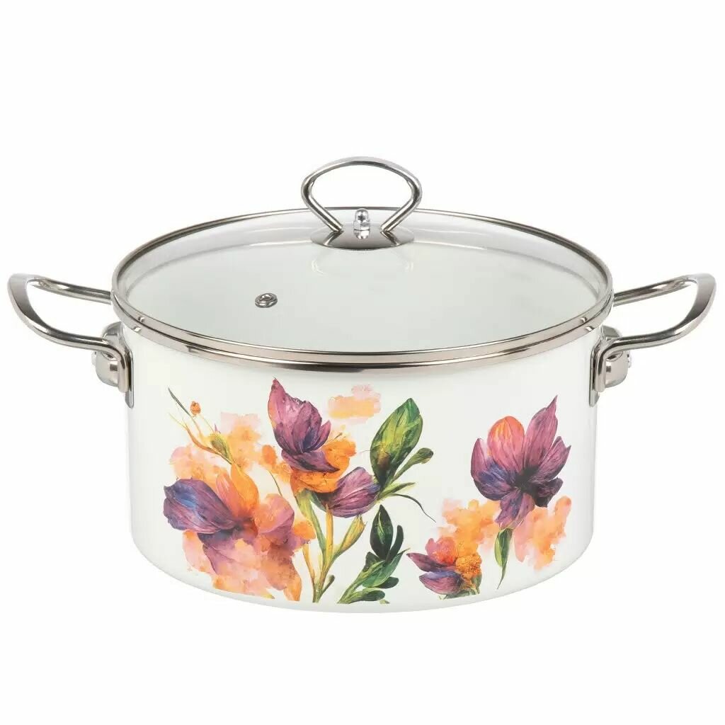 Кастрюля DANIKS эмалированная из стали, 5 л, крышка стеклянная, цилиндрическая, Iris, индукция