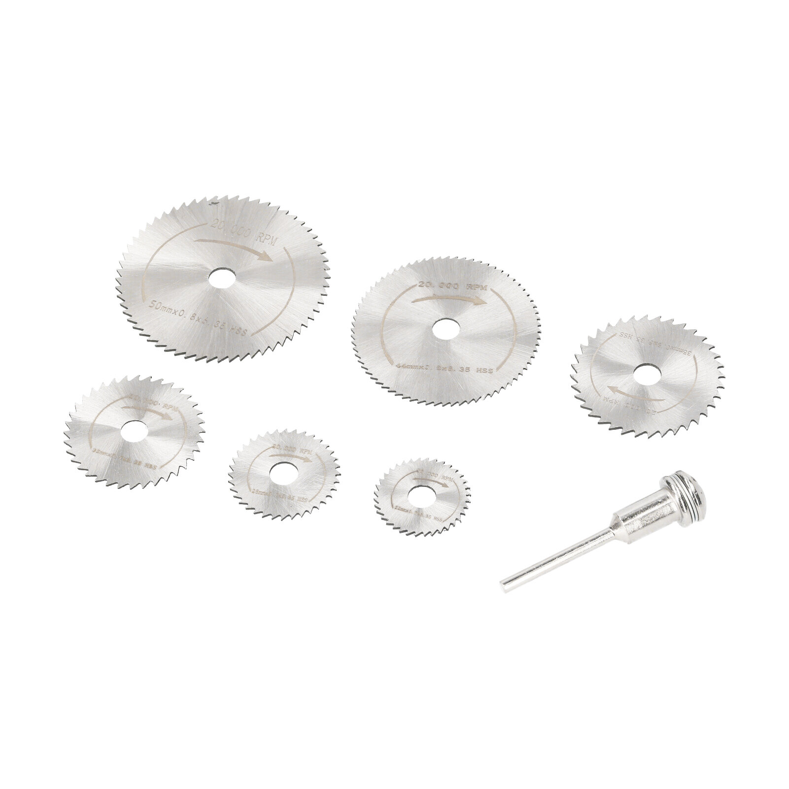 7 ПКН Набор мини-пила для роторного инструмента Сталь высокой скорости Диск для резки Колесо циркулярной пилы Лезвие и Доподвес с шейкой 1/8 дюйма для резки дерева металла гипсокартона Цвет Серебристый Размеры Пил Φ22/Φ25/Φ32/Φ35/Φ44/Φ50мм Доподвес Длина