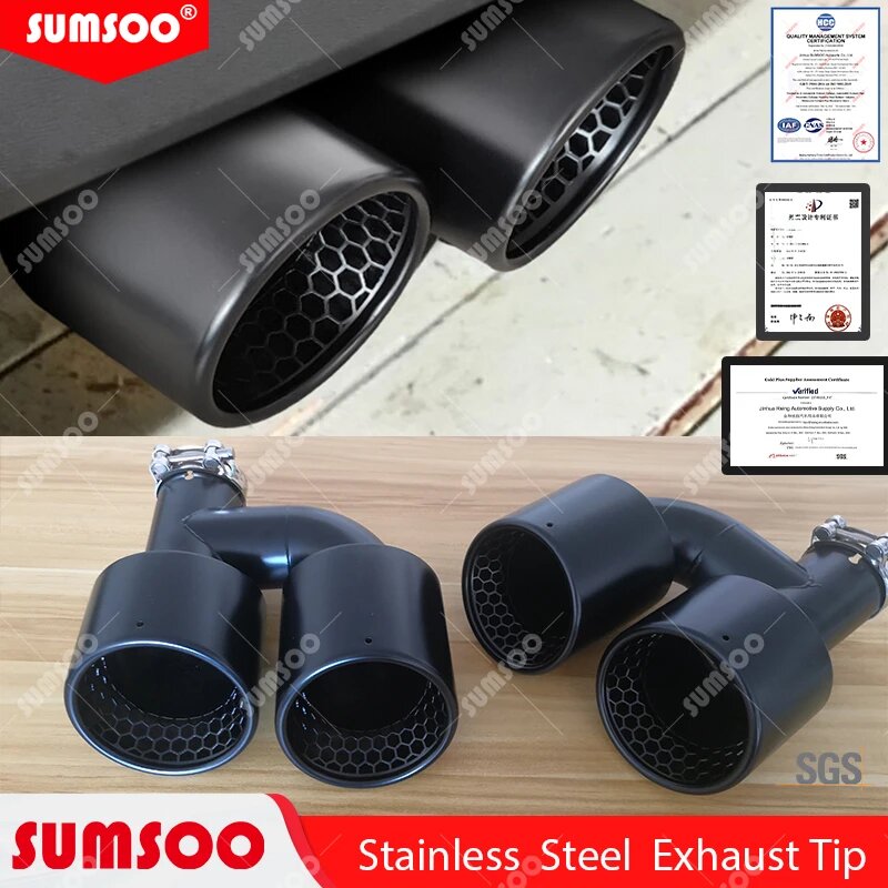 Подлинные SUMSOO, 1 шт, матовый черный сотовый наконечник из нержавеющей стали с двойным выпуском, универсальный глушитель, сопло 60 мм 63 мм right in60-out114
