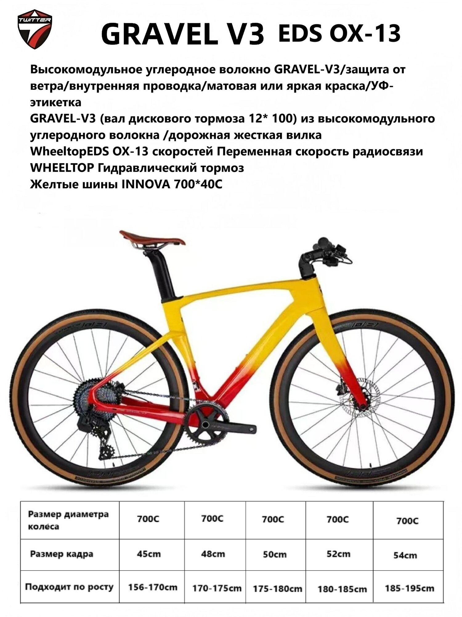 Велосипед Twitter Gravel-V3, карбоновая рама, гравийный, 29", 13 скоростей, откидывающийся на 90° подъемный руль