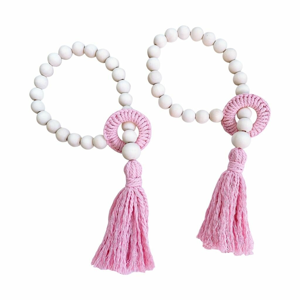Ремешки для занавесок из деревянных бусин с кисточками-Ремешки для штор, хлопчатобумажная веревка, стиль кисточки: розовый