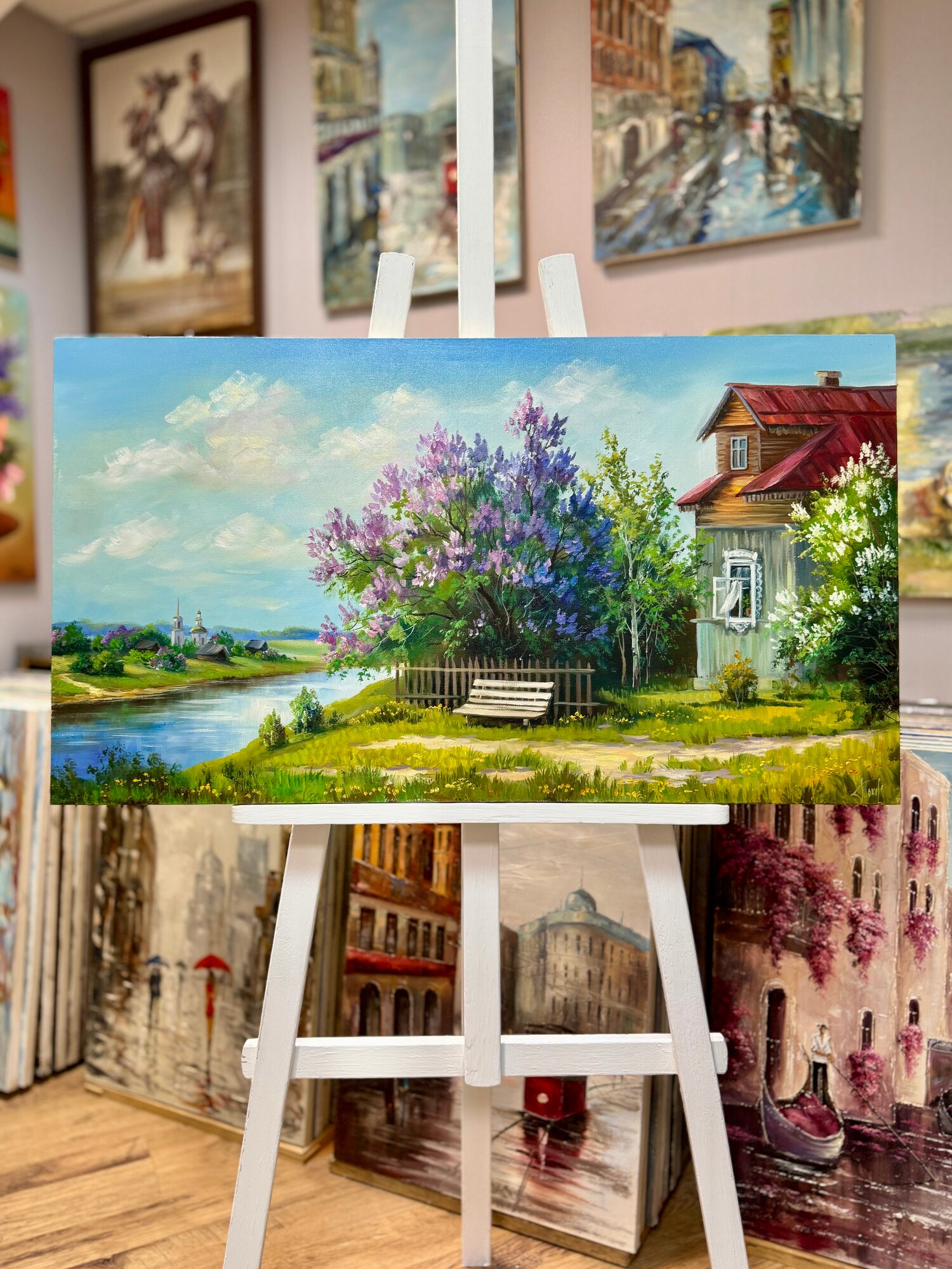 Картина холст/масло. Летний пейзаж. Домик в деревне. Размер 50х90 см. Художественная мастерская Грёзы.