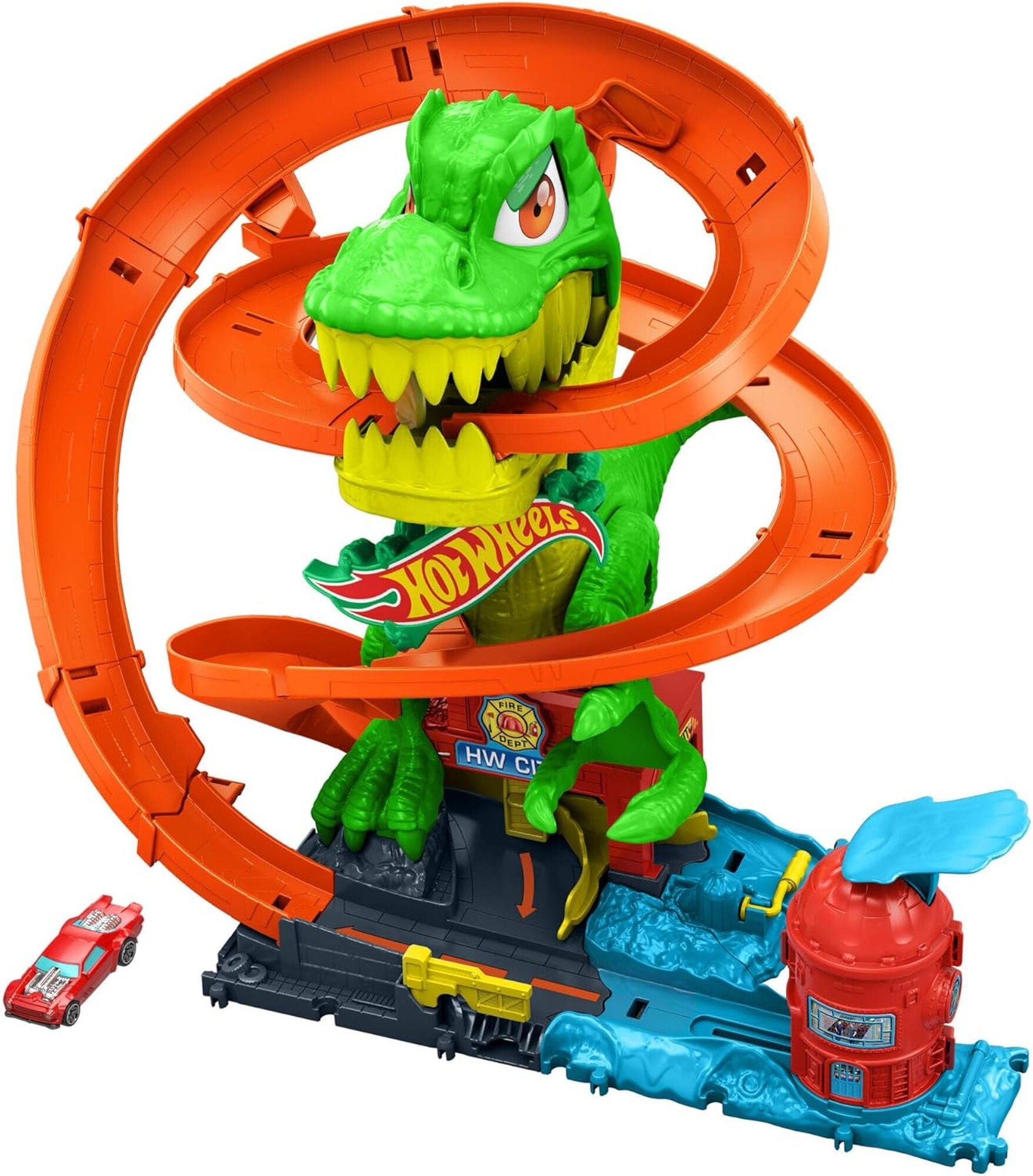 Игрушечный трек Hot Wheels Crazy Track - Трасса Динозавр T-Rex с движущимися глазами/ Пожарная часть - Хот Вилс JBM73