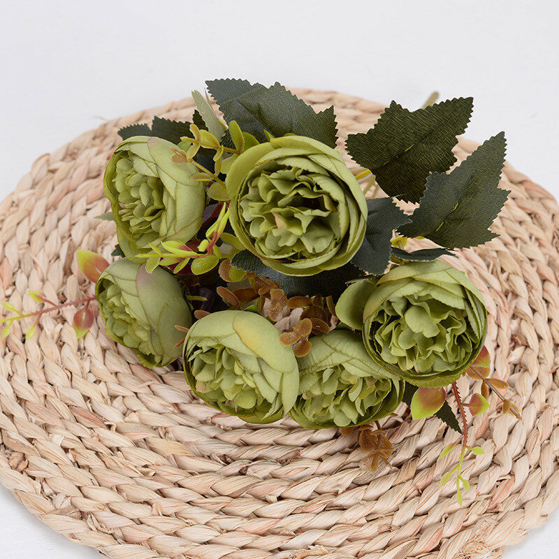 Peony flower artificial cluster with injection technique for indoor home event and photo decor green