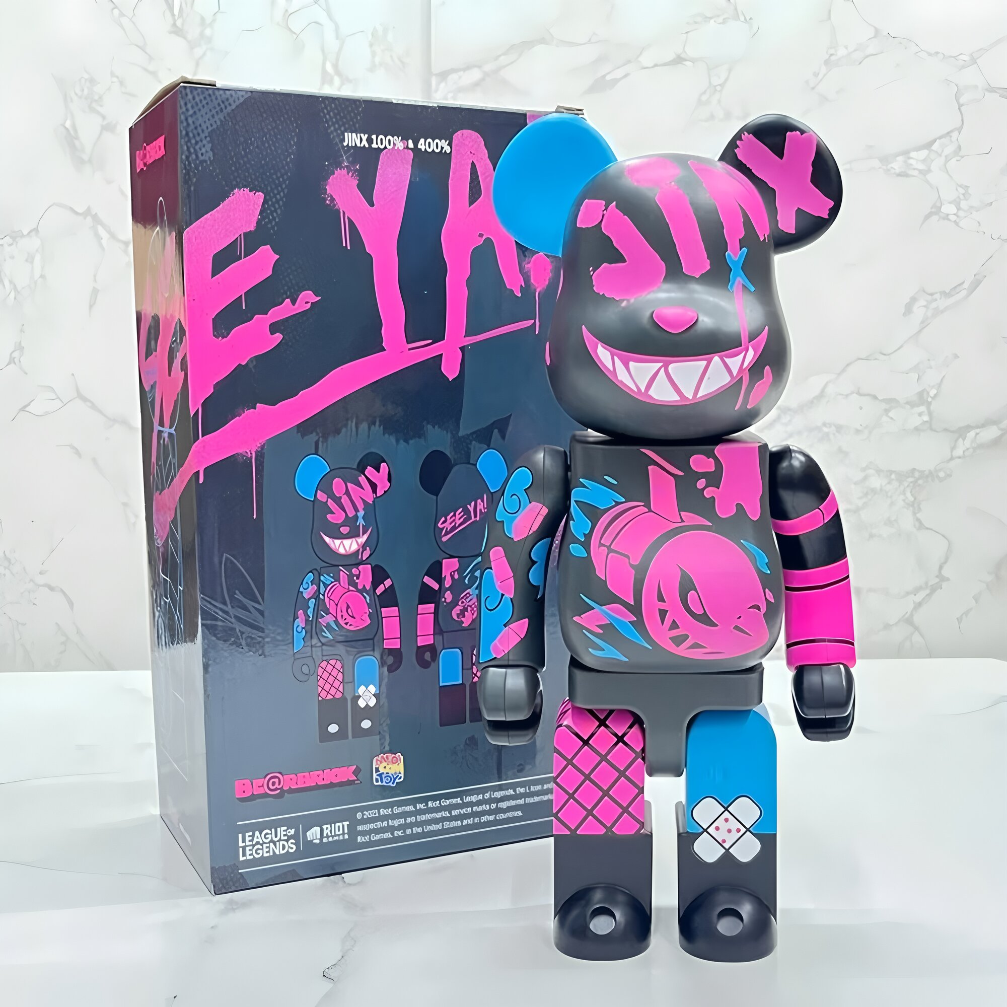 Bearbrick400%28см Игрушечная Статуя Медведя,28, Джинкс, черный, синий, фуксия