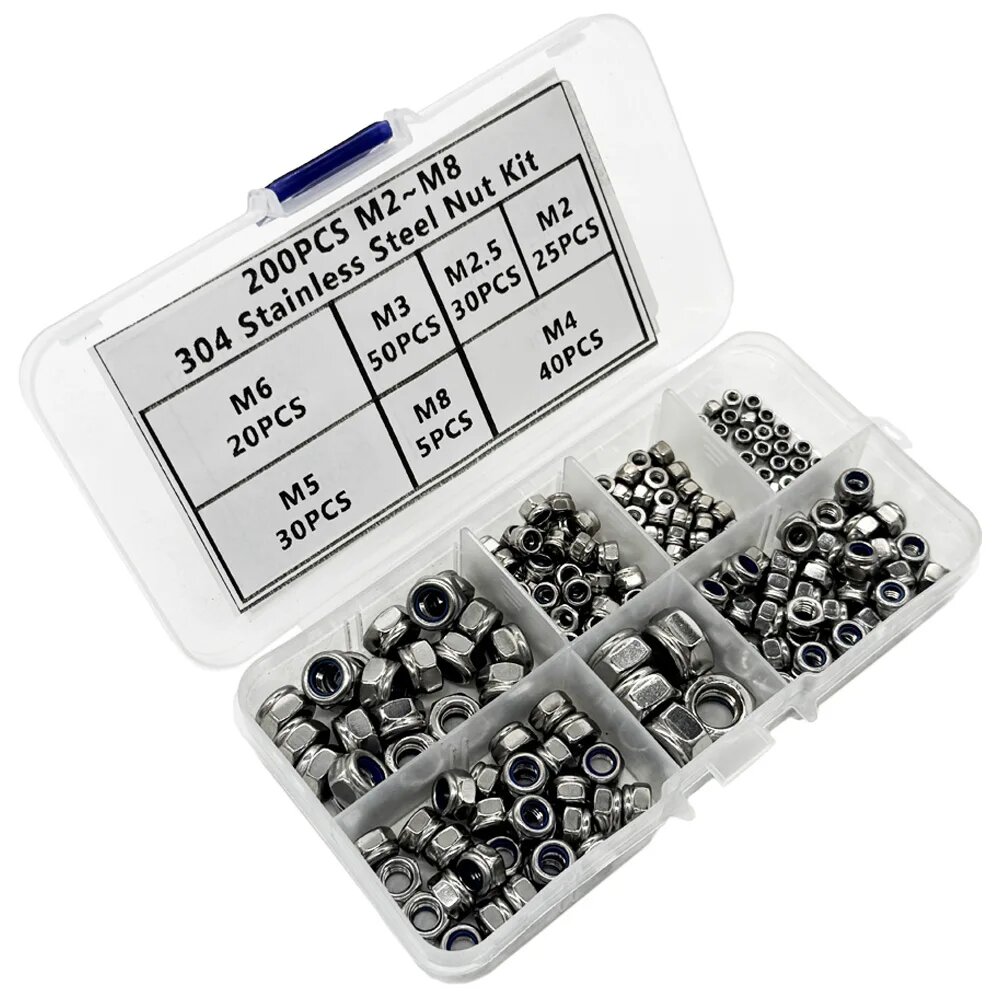 1 Упаковка/200 Шт. Самоконтрящаяся Гайка С Шестигранной Нейлоновой Вставкой DIN985, Нержавеющая Сталь, M2-M8, Установочный Винт