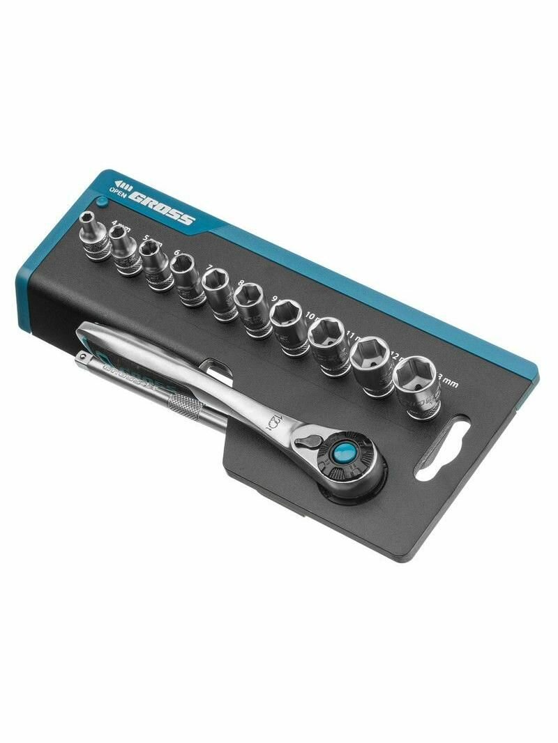Набор торцевых головок, трещотка 120 зубьев, 12 предметов, 1/4", CrV Gross 14141
