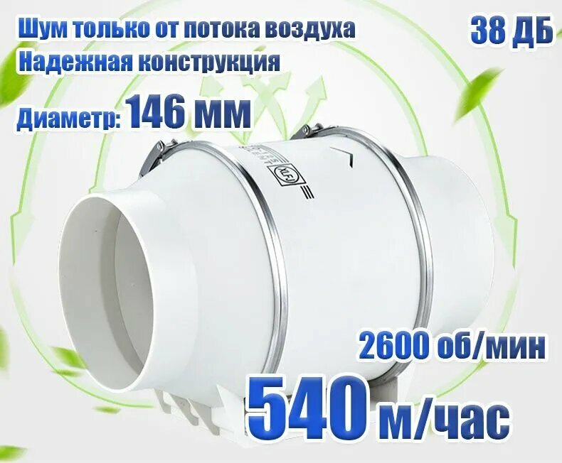 Вентилятор канальный бесшумный/ 150 мм 540 кубов/ Silent 45 дб/ Скорость 2600 об. мин