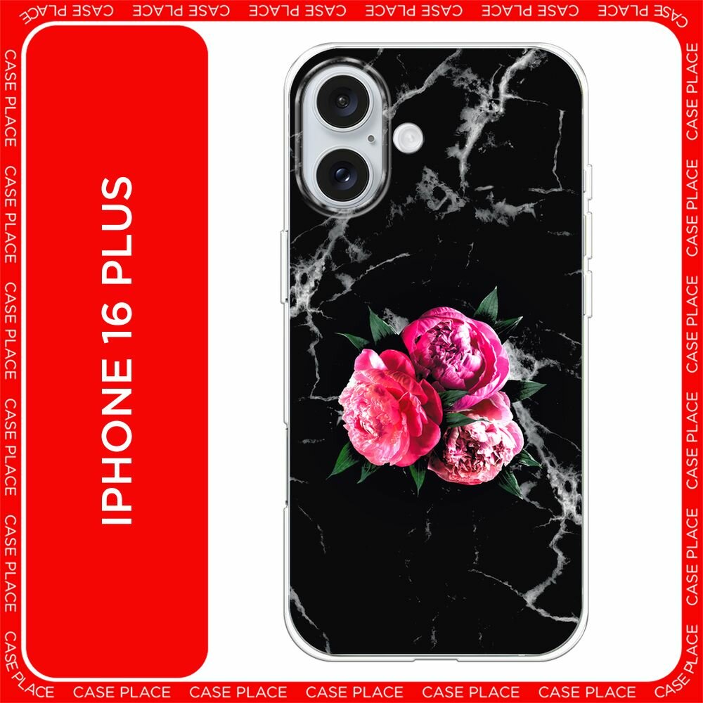 Чехол на Apple iPhone 16 Plus / Айфон 16 Плюс с принтом "Букет на черном мраморе"