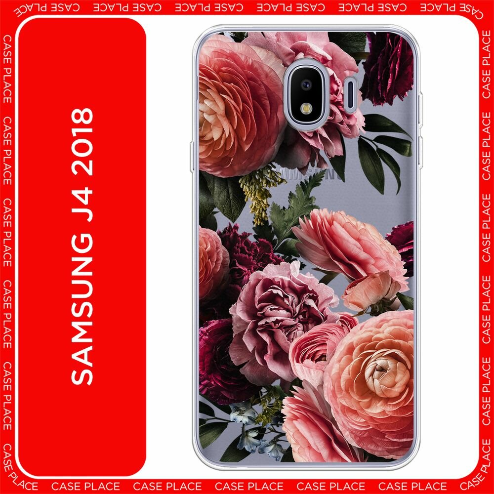 Чехол на Samsung Galaxy J4 / Самсунг Галакси Джей 4 с принтом "Бордовые винтажные цветы", прозрачный