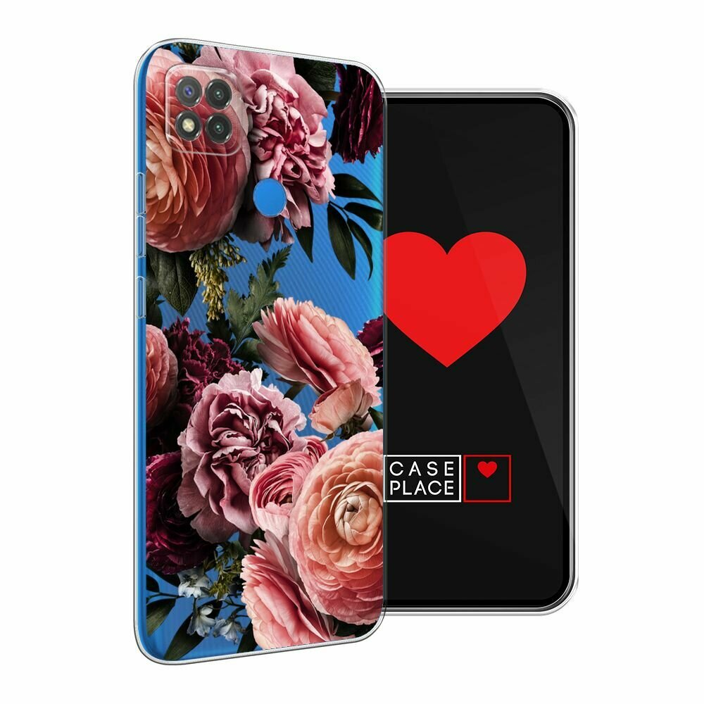 Чехол на Xiaomi Redmi 9C / Сяоми Редми 9C с принтом "Бордовые винтажные цветы", прозрачный — фото 1