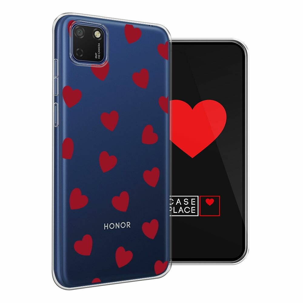 Чехол на Honor 9S/Huawei Y5p / Хонор 9S/Хуавей Y5p с принтом "Бордовые сердечки паттерн - 14 февраля", прозрачный — фото 1