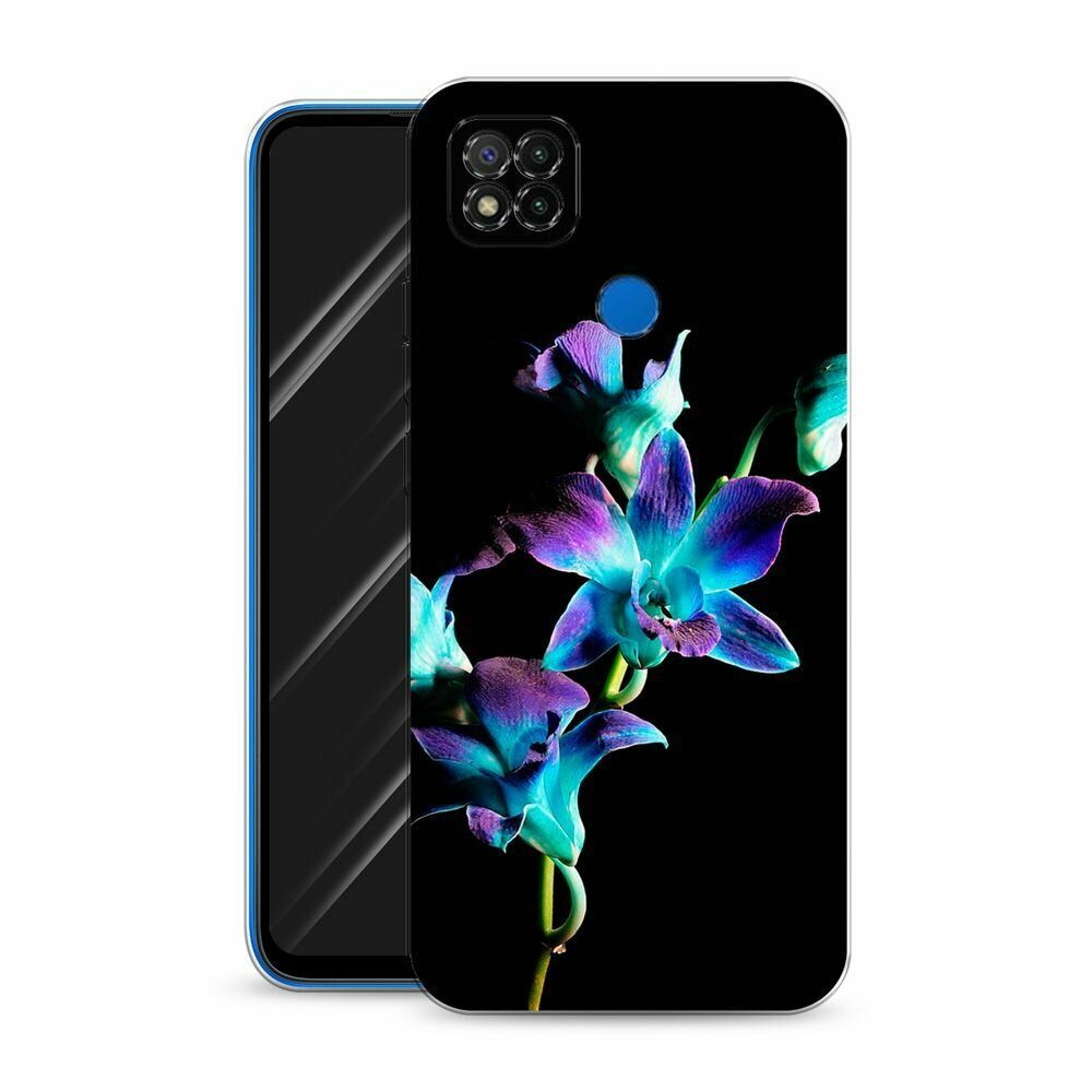 Чехол на Xiaomi Redmi 9C / Сяоми Редми 9C с принтом "Синий цветок на черном" — фото 1