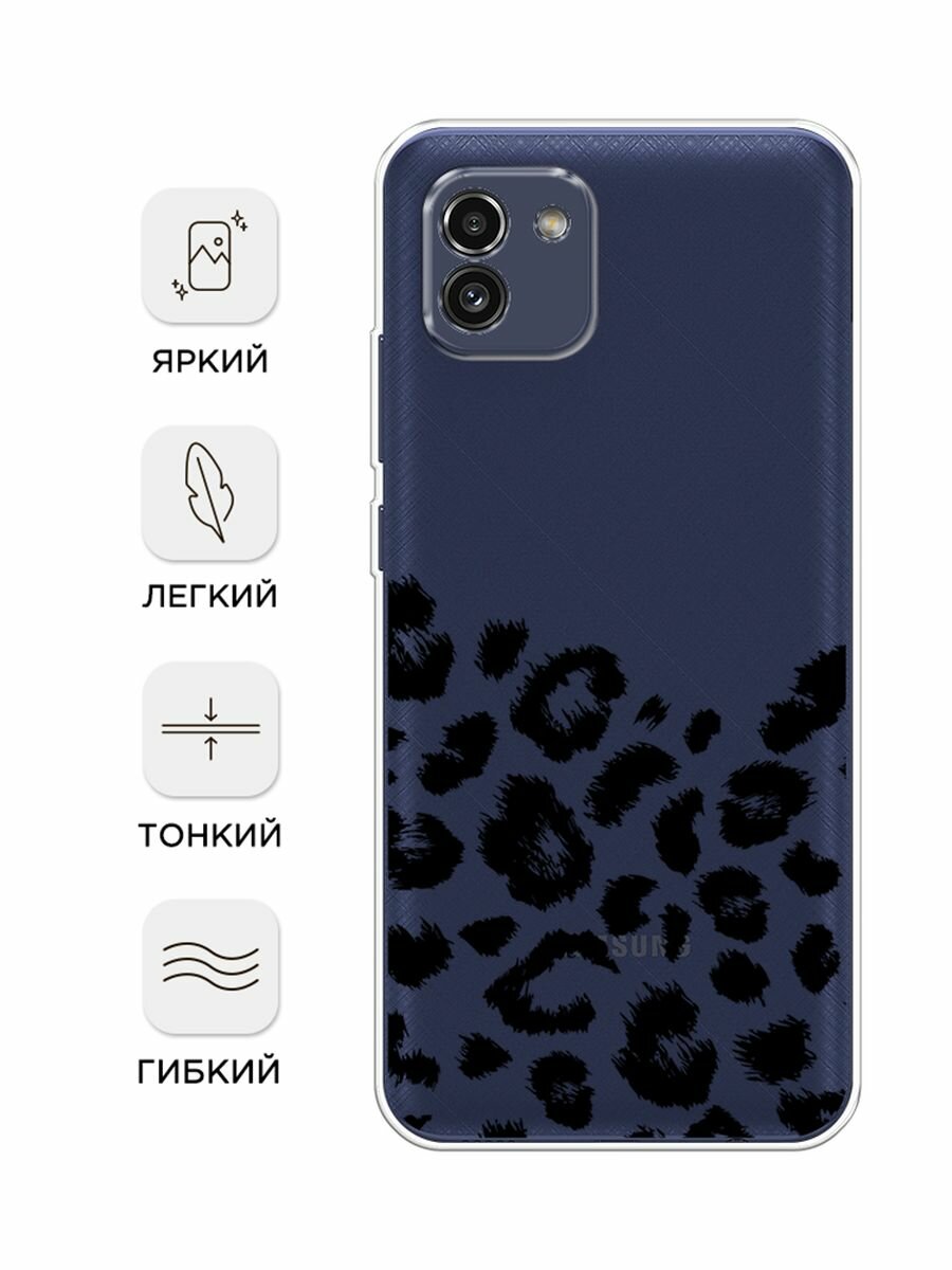 Чехол на Samsung Galaxy A03 / Самсунг Галакси А03 с принтом "Окрас леопарда фон черный", прозрачный — фото 1