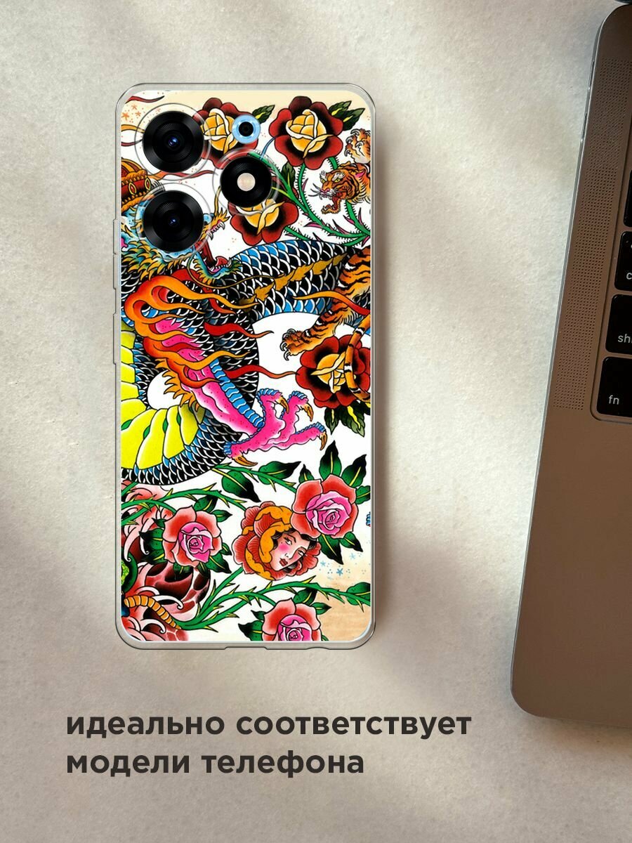 Чехол на Tecno Spark 10 Pro / Текно Спарк 10 Про с принтом "Дракон в цветах" — фото 1