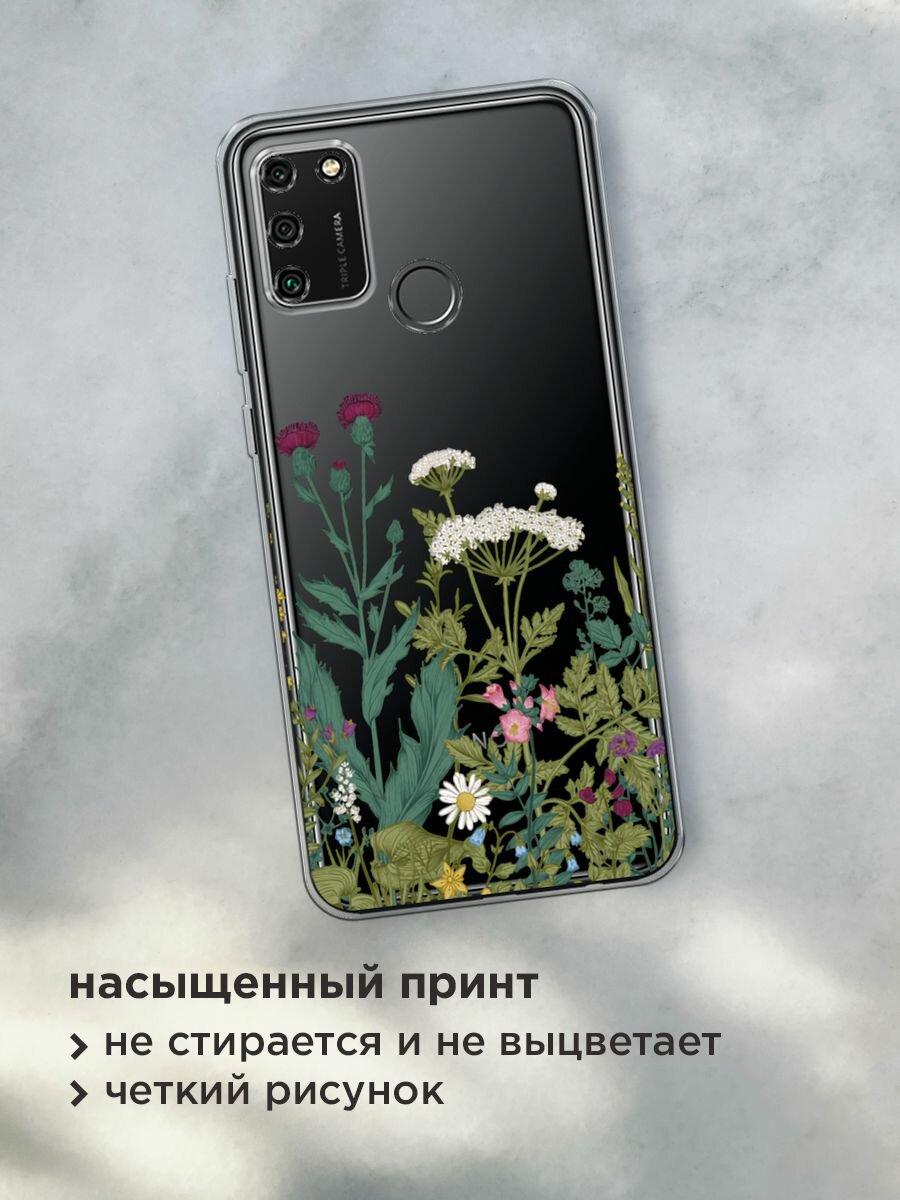Чехол на Honor 9A / Хонор 9А с принтом "Дикие полевые цветы", прозрачный — фото 1