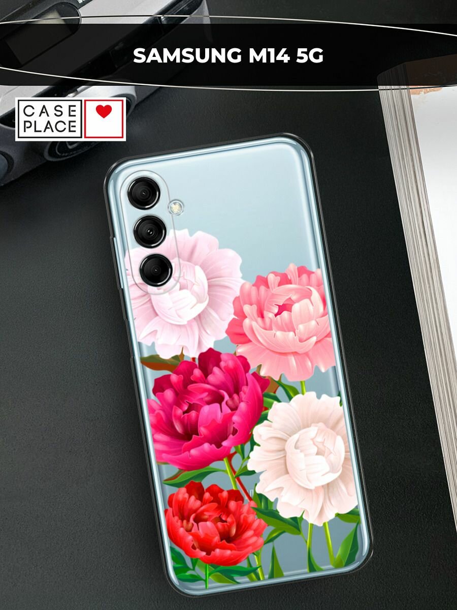 Чехол на Samsung Galaxy M14 5G / Галакси M14 5G с принтом "Большие пионы", прозрачный