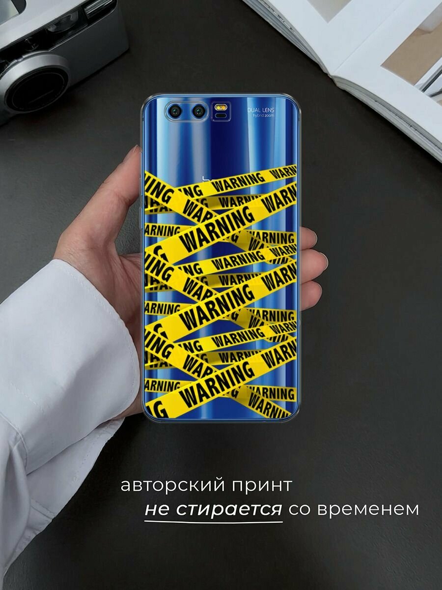 Силиконовый чехол на Honor 9 / Хонор 9 с принтом "Warning!", прозрачный — фото 1