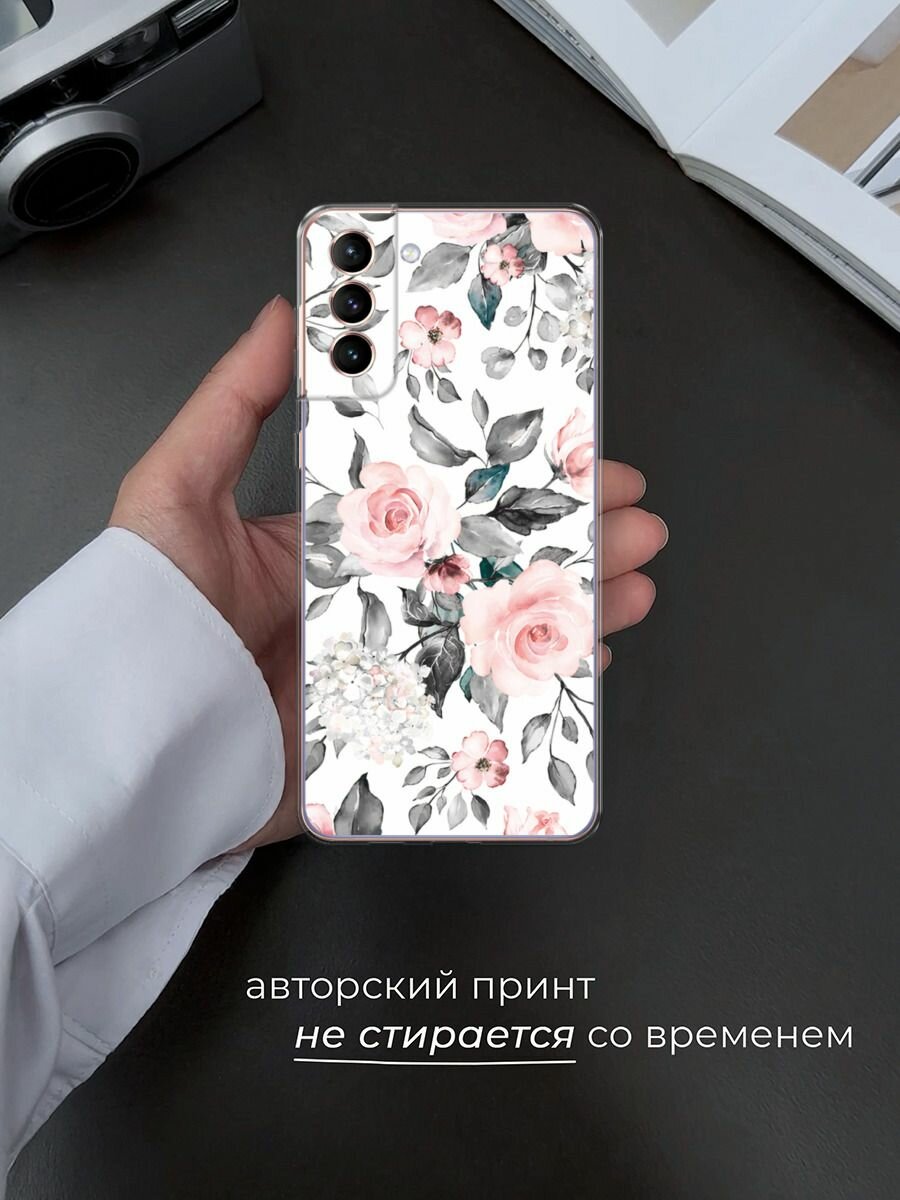 Чехол на Samsung Galaxy S21 + / Самсунг Галакси S21 Плюс с принтом "Розы на белом" — фото 1