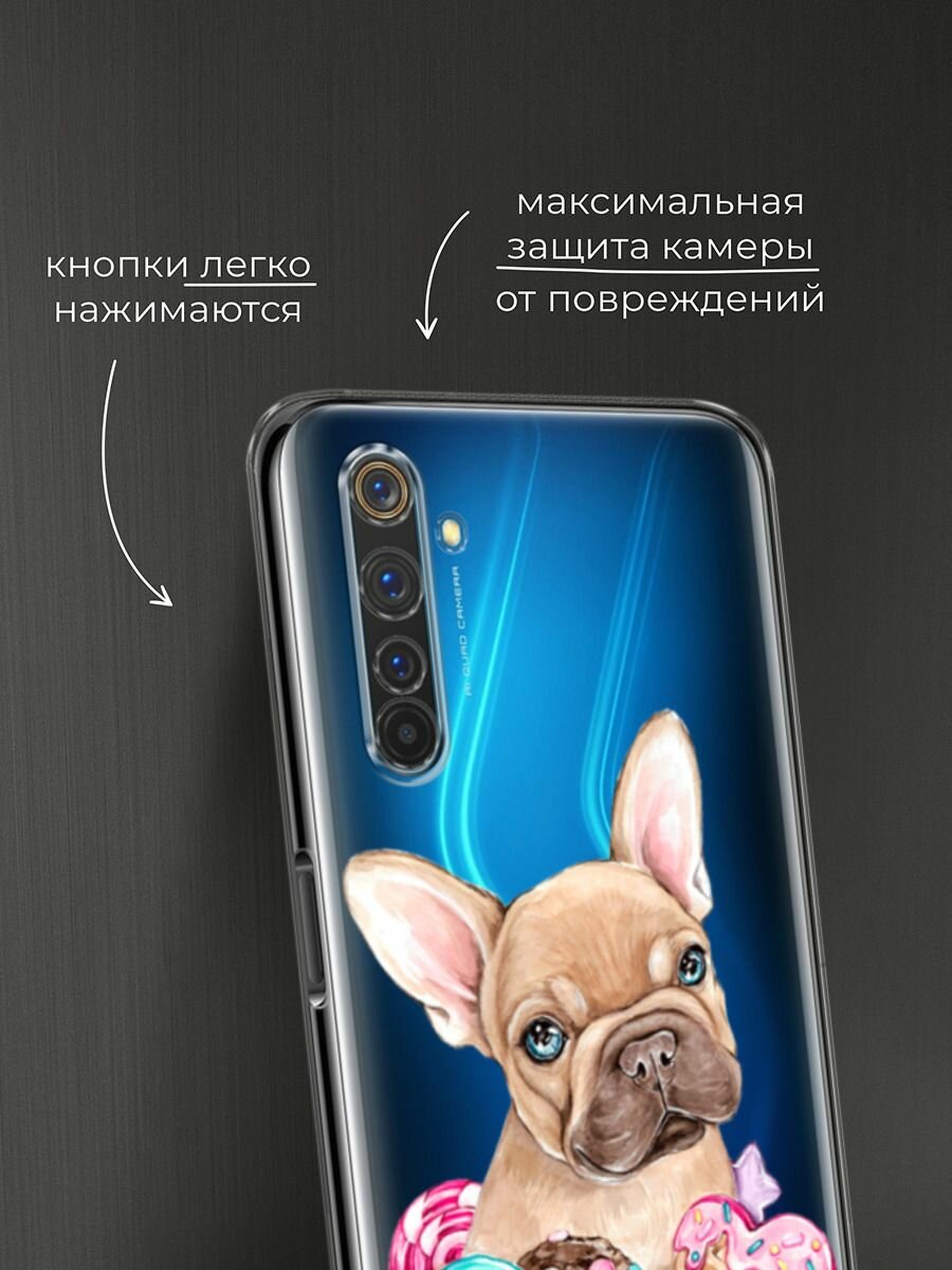 Чехол на Realme 6 Pro / Реалми 6 Про с принтом "Бульдог и сладости", прозрачный — фото 1