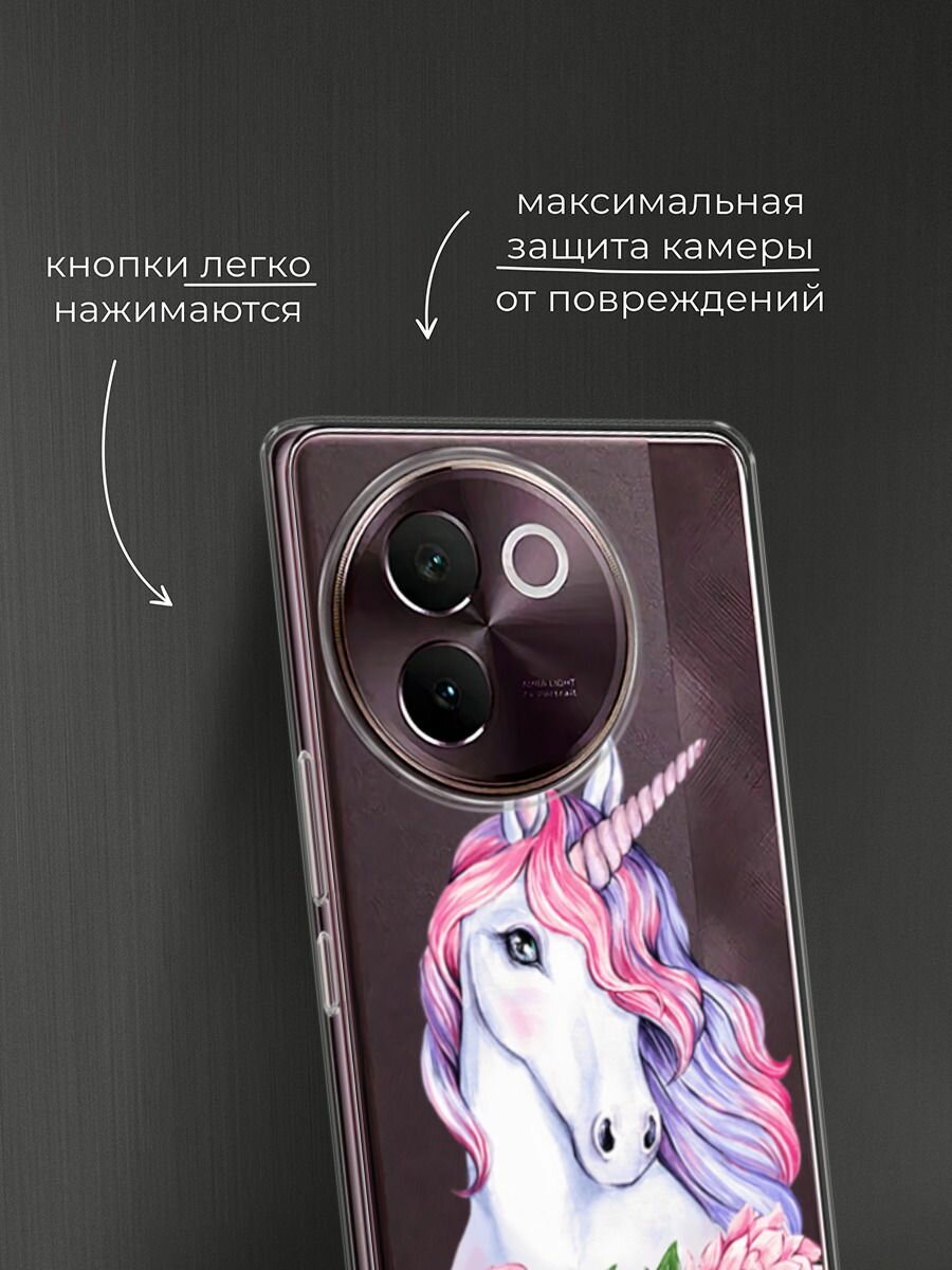 Чехол на Vivo V30e / Виво В30е с принтом "Единорог с пионами", прозрачный — фото 1