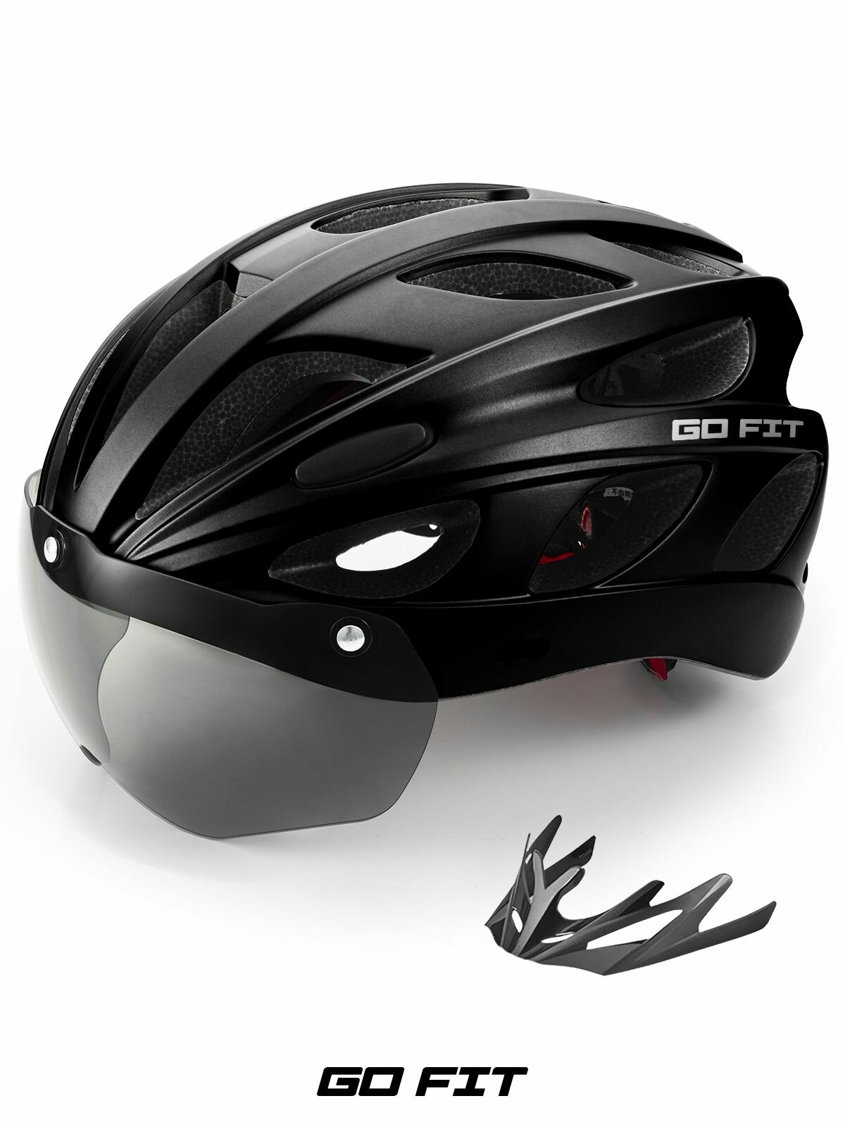 Шлем велосипедный GO FIT Active, защитный спортивный, солнцезащитный визор, козырек в комплекте, экипировка для велосипеда, скутера, самоката, черный
