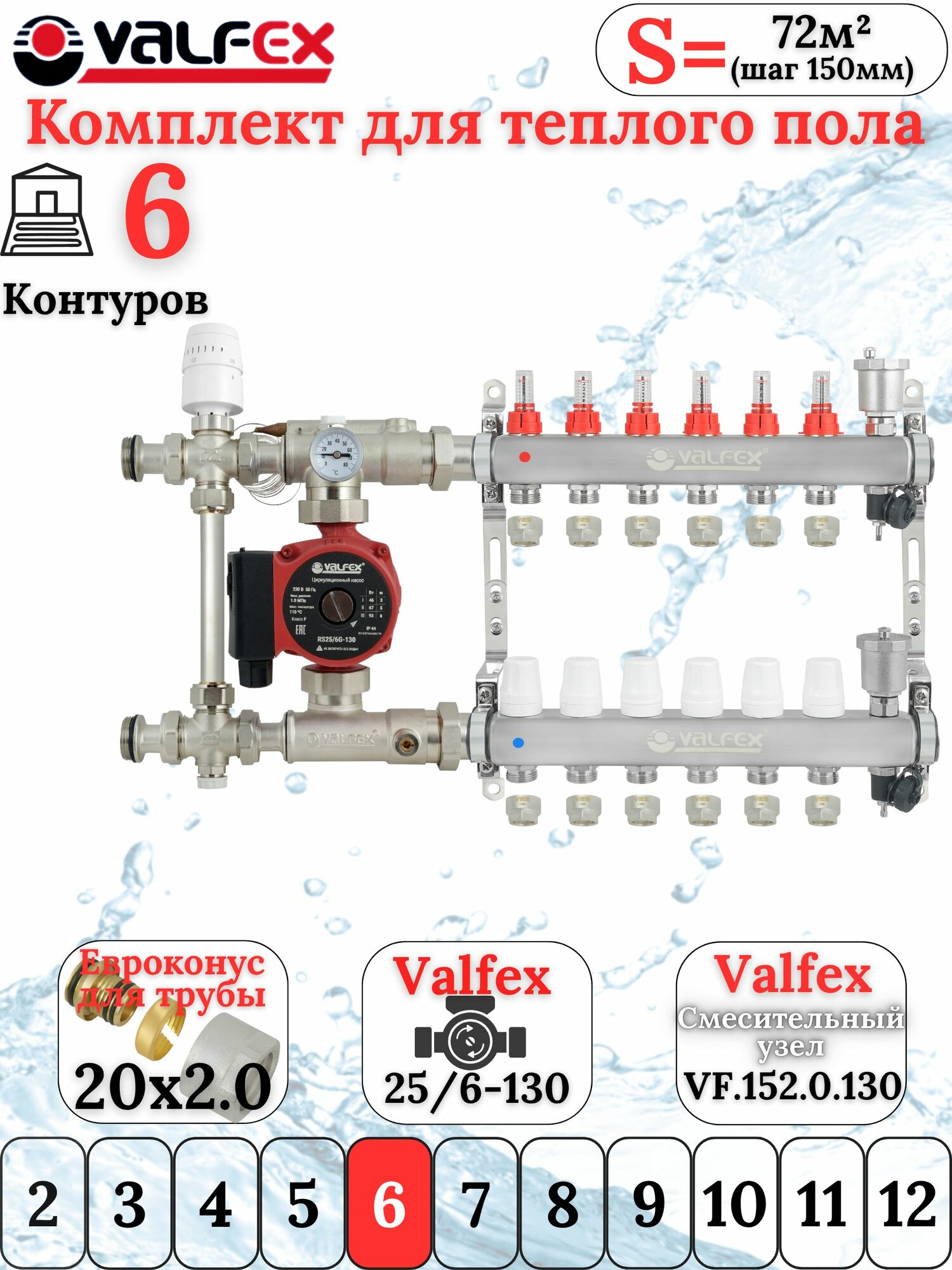 Комплект тёплого пола на 6 контуров VALFEX (Коллектор на 6 выходов+Насос+НСУ c байпасом+Евроконусы 20х2,0)